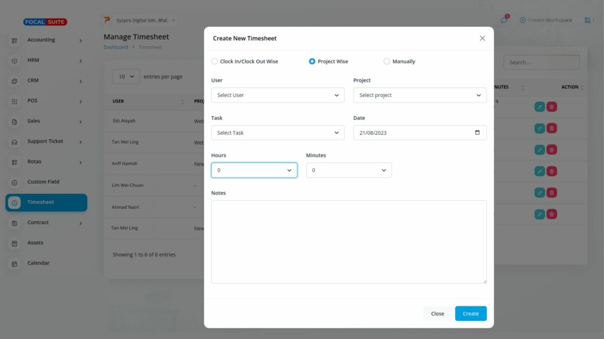 Timesheet - Focal Suite